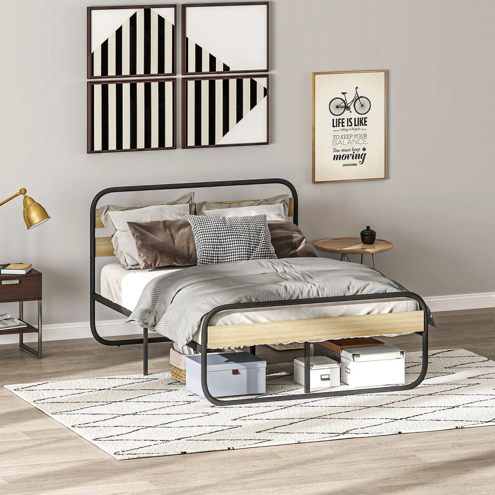 HOMCOM Dvoulůžko 140 x 190 cm, kovový rám v industriálním stylu, čelo a nožní část včetně roštu, dřevěný vzhled
