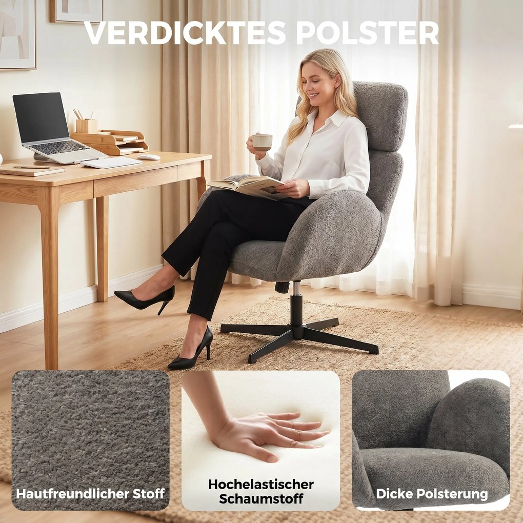 Kancelářská židle HOMCOM Velvet s vysokým opěradlem, polstrovaná, výškově nastavitelná, houpací — šedá