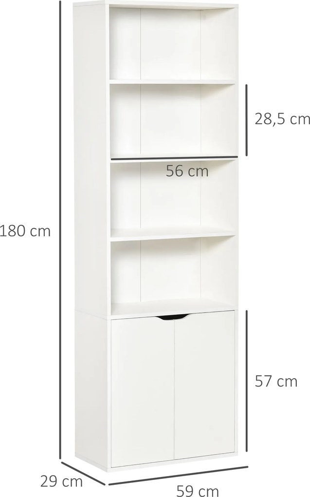 HOMCOM Knihařský regál se 4 otevřenými přihrádkami a 2 dvířky do obývacího pokoje a kanceláře, nosnost 80 kg, rozměry 59x29x180 cm, bílý