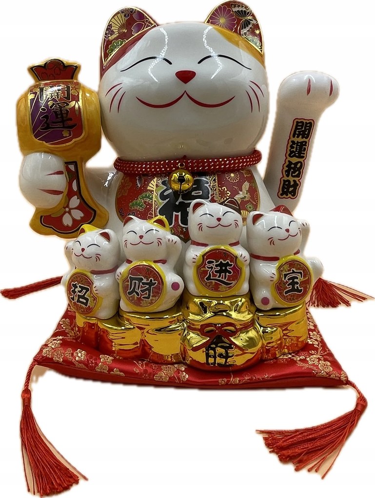 Japonská kočka Maneki-Neko Štěstí Porcelán s doplňkovými kočičkami 29 cm