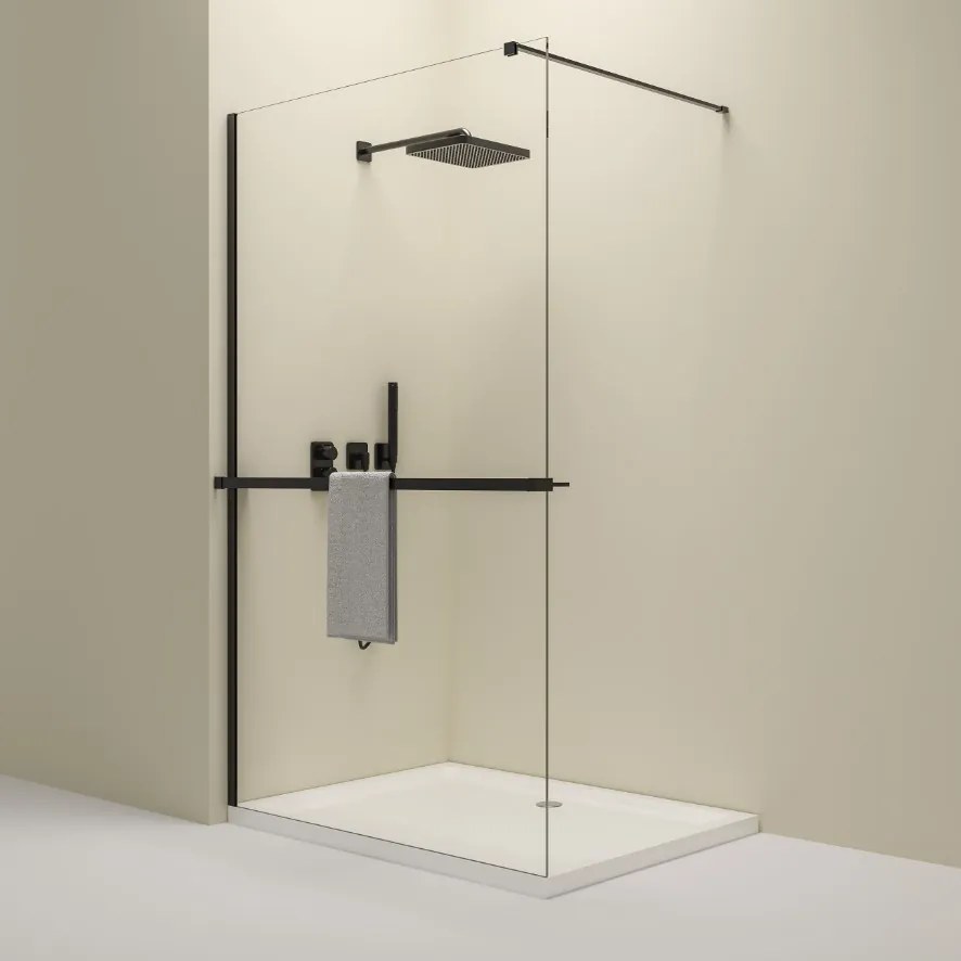 Erga Paris, sprchová zástěna Walk-In 60x200 cm s poličkou a ramínkem na ručníky, 8mm čiré sklo, černý profil, ERG-V02-PARIS-060x200-CL-BK-BAR
