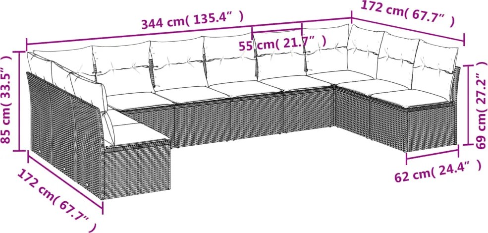 10dílná zahradní sedací souprava podušky světle šedá polyratan 3218092