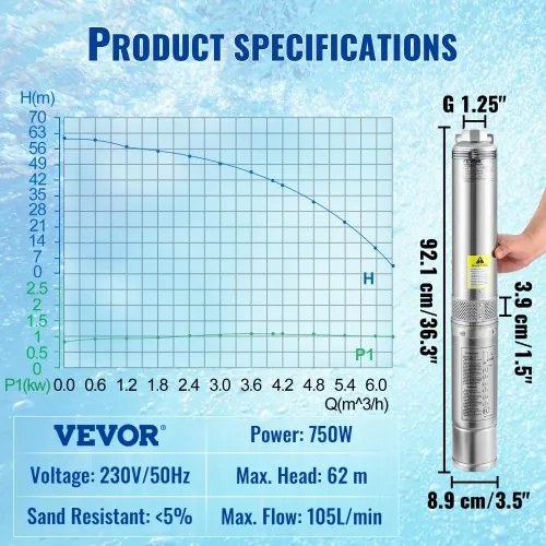 Ponorné čerpadlo do hlubokých studní, 750 W 230 V/50 Hz, 105 l/min 62 m