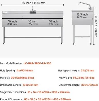 Dřez se 3 přihrádkami, Nerezová ocel 304 o průměru 18 VEVOR – 1524 × 470 × 838 mm