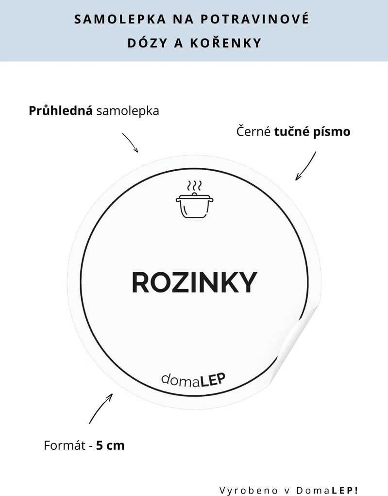 ROZINKY – průhledná samolepka na dózu, tučné písmo, 5 cm | DomaLEP