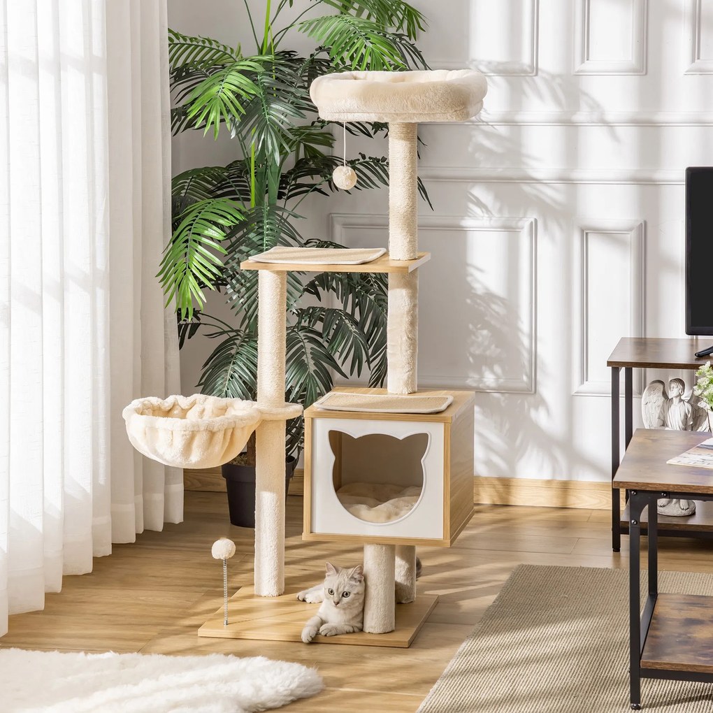 PawHut Kočičí Škrabací Strom s Výškou Platfomy 126 cm - Lezecká Věž pro Kočky s Houpacím Sítem, Domkem, Postelí, Sisalovými Sloupy a Hračkami 48x40x1…