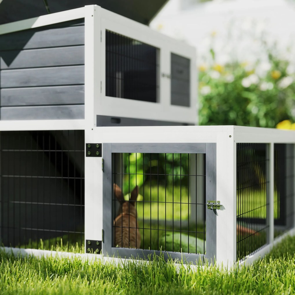 PawHut Kotec pro králíky 2 patra se skládací střechou, dřevěná králičí klec, zimní dvoupodlažní dům s výběhem 122x95x93,5 cm, venkovní úkryt pro malé…