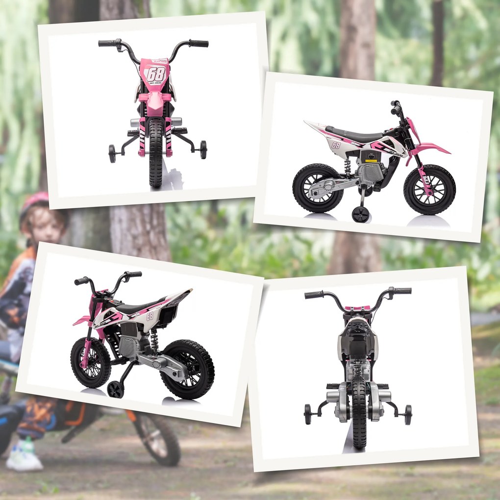 AIYAPLAY elektrická motorka pro děti, motokros pro děti 3 až 6 let, 2 motory, 12V, rychlost 5 km/h, 109,5x60x72,5 cm, růžová