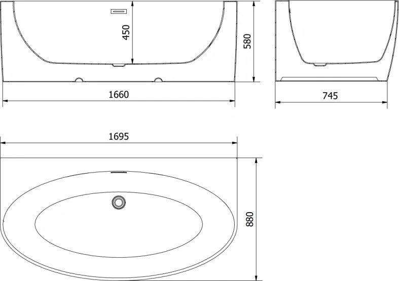 Mexen Bruna, volně stojící vana ke stěně 170 x 88 cm, bílá lesklá, černá matná, 52731708800-70