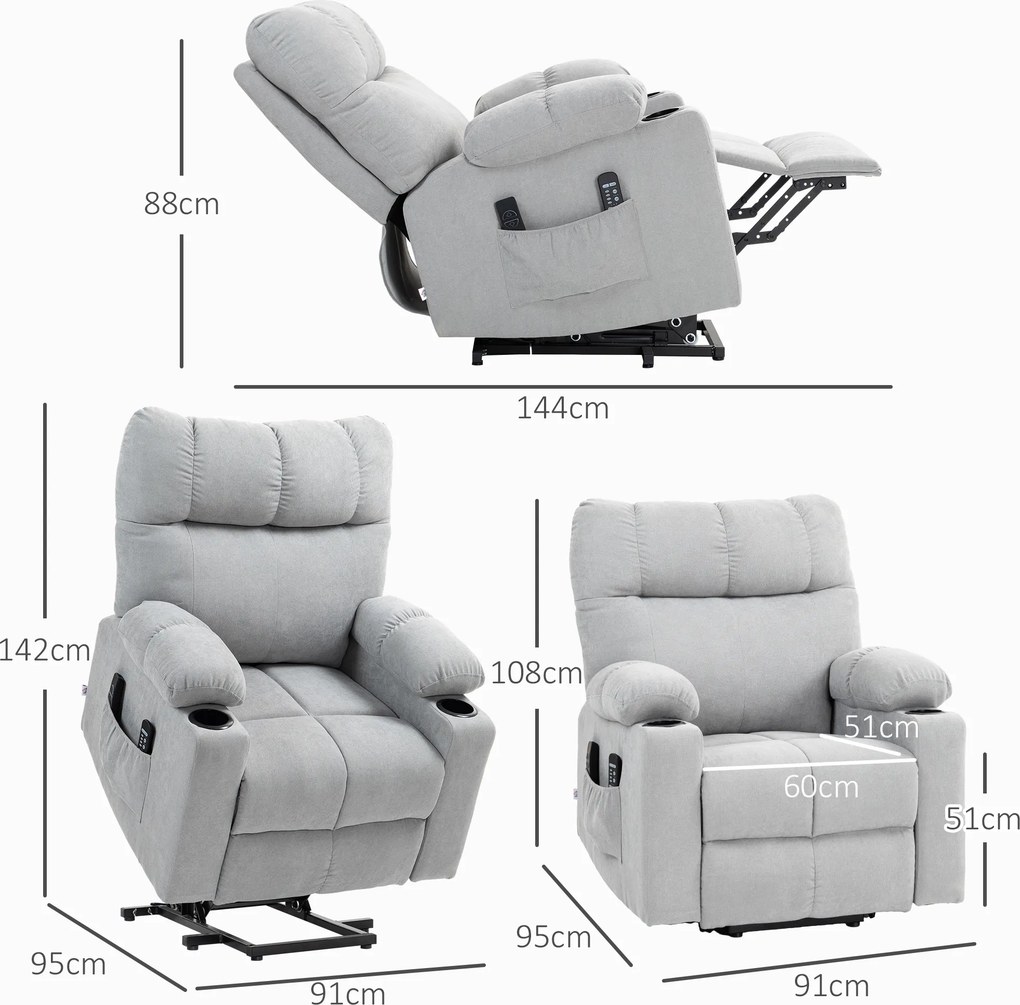 HOMCOM Křeslo pro seniory se stojanem, elektrické, se 3 režimy, 8 masážními body, vyhřívání, pěnové, 91 x 95 x 109 cm, světle šedé| Aosom