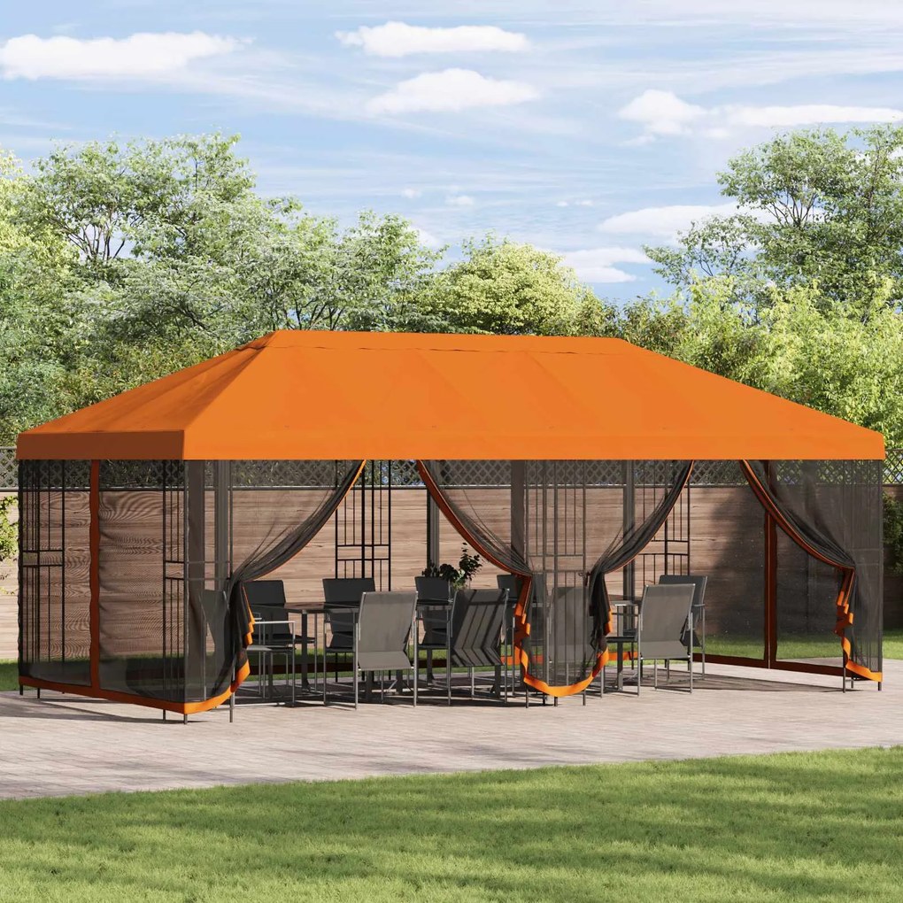 Altán s bočními stěnami 6 x 3 m Oranžová Polyester a ocel 3376002