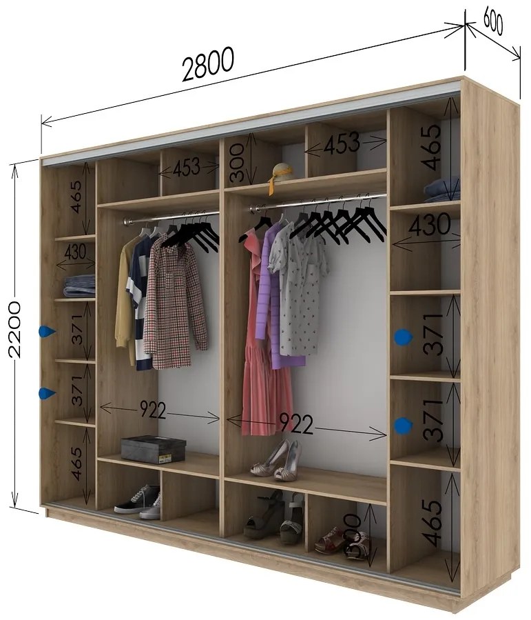 Šatní skříň MAGNA 280 × 220 cm dub artisan se zrcadlem