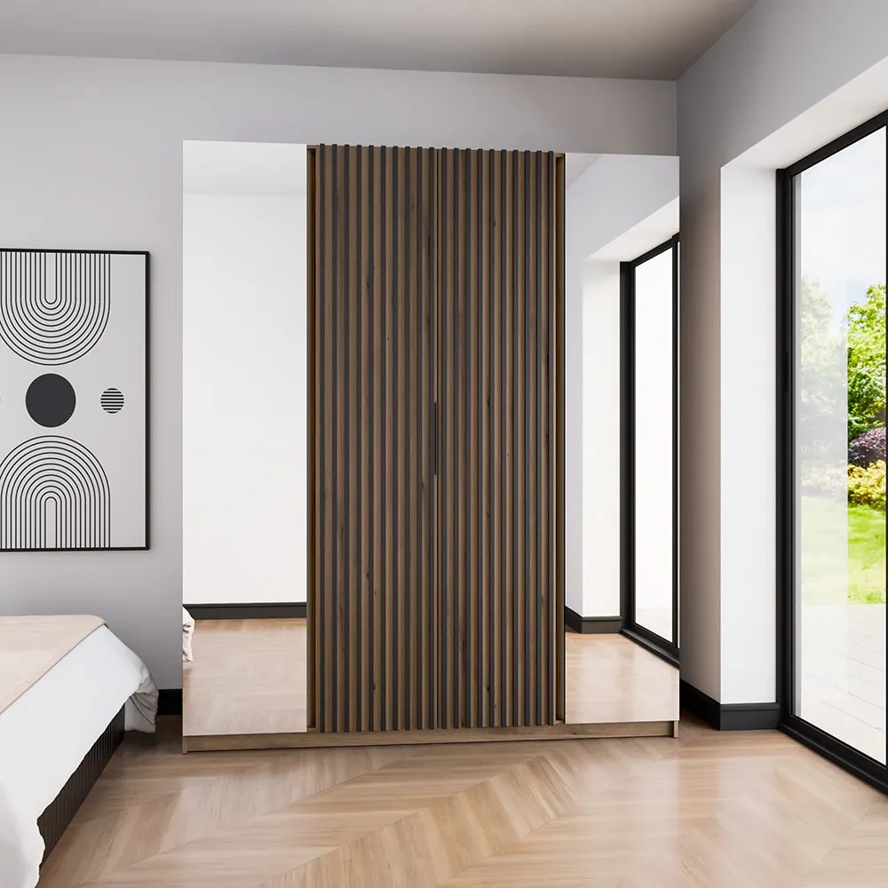 Šatní skříň KAJA 2LU 2LAM | 200 cm | se zrcadly | VYSOKÁ | evoke + černé lamely
