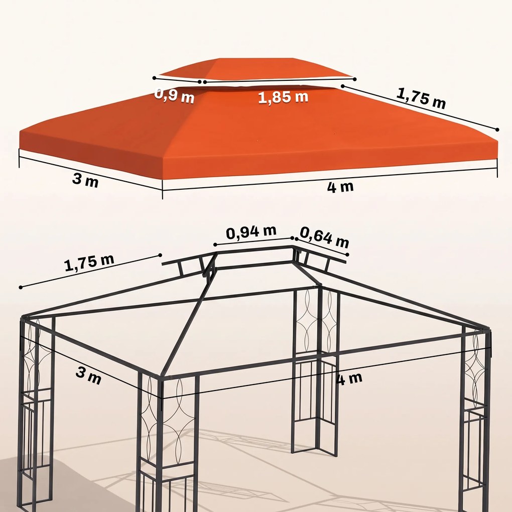 Outsunny náhradní střecha pavilonu 3x4m pro kovový pavilon zahradní pavilon párty stan polyesterový zahradní stan v rezavě červené barvě |