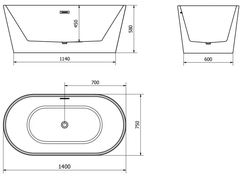 Mexen Luna, volně stojící vana 140 x 75 cm, bílá, měděný matný přepad, 52031407500-65