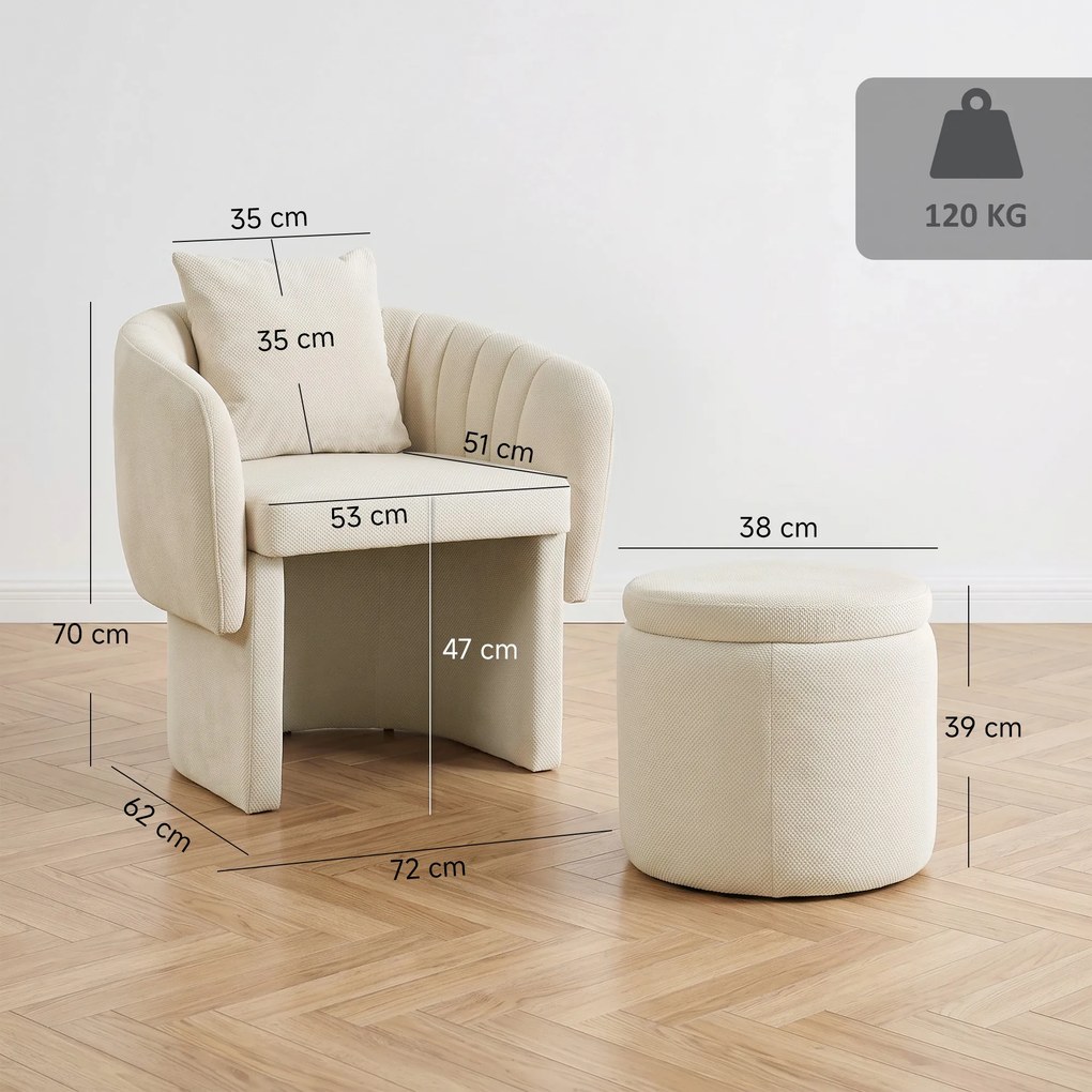 HOMCOM Relaxační křeslo s podnožkou lounge křeslo se zakřiveným opěradlem, područkami, severský čenille čalouněné béžové
