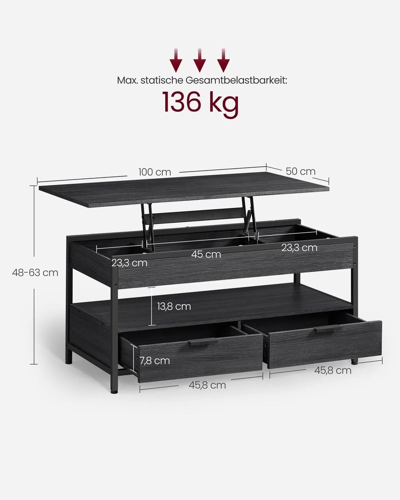 Konferenční stolek, výškově nastavitelný, 50×100 cm, antracitově šedý–inkoustově černý