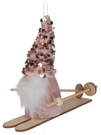 Růžový skřítek s třpytivou čepicí na lyžích 15 cm