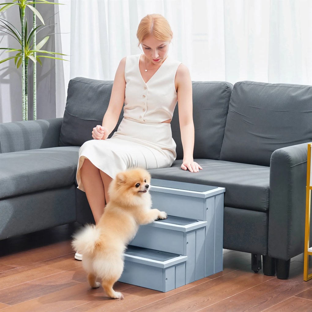 PawHut schody pro psy s 3 stupni a kobercem, úložný prostor, šedé, 40,5x44,5x38 cm pro malé psy a kočky | Aosom.de