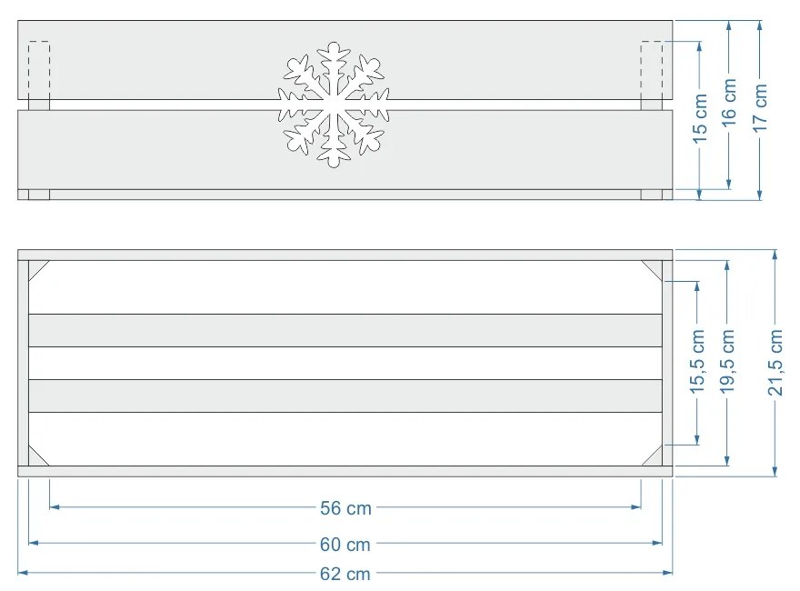 AMADEA Dřevěný vánoční truhlík s vločkou bílý, uvnitř s černou fólií, 62x21,5x17cm, český výrobek