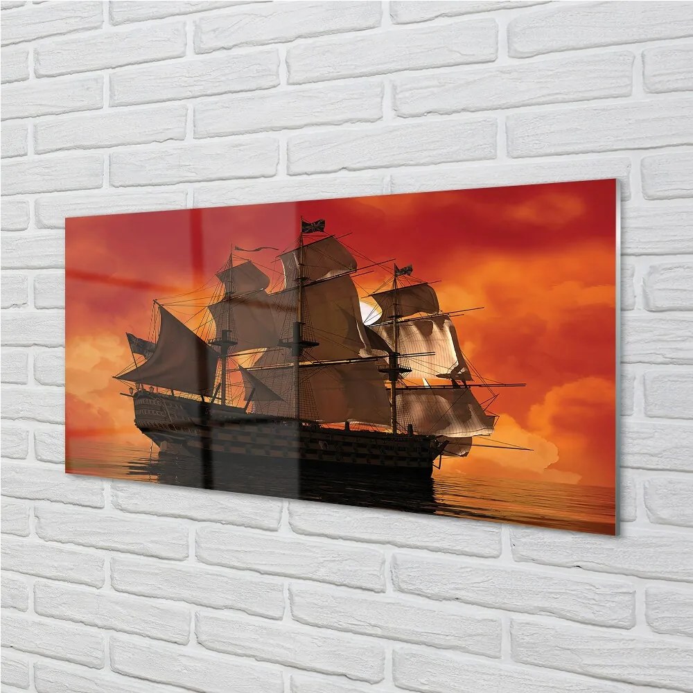 Obraz na skle Loď moře oranžová obloha 120x60 cm