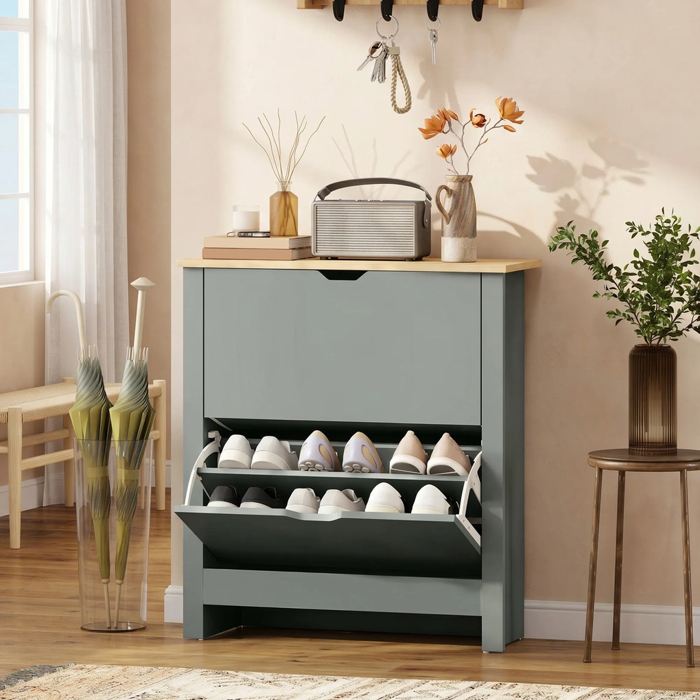 HOMCOM Botník se 2 sklápěcími přihrádkami, nastavitelná přepážka pro 8-12 párů bot, 72 x 26 x 80 cm, světle šedý
