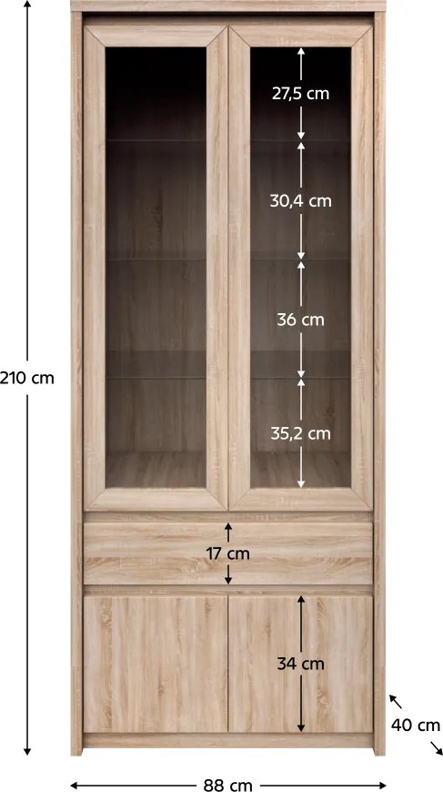 Tempo Kondela Vitrína se šuplíkem 2D2W1S, dub sonoma, NORTY TYP 3