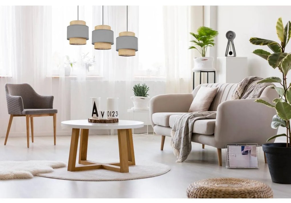 Závěsné svítidlo Boho, 3x jutové/šedé textilní stínítko
