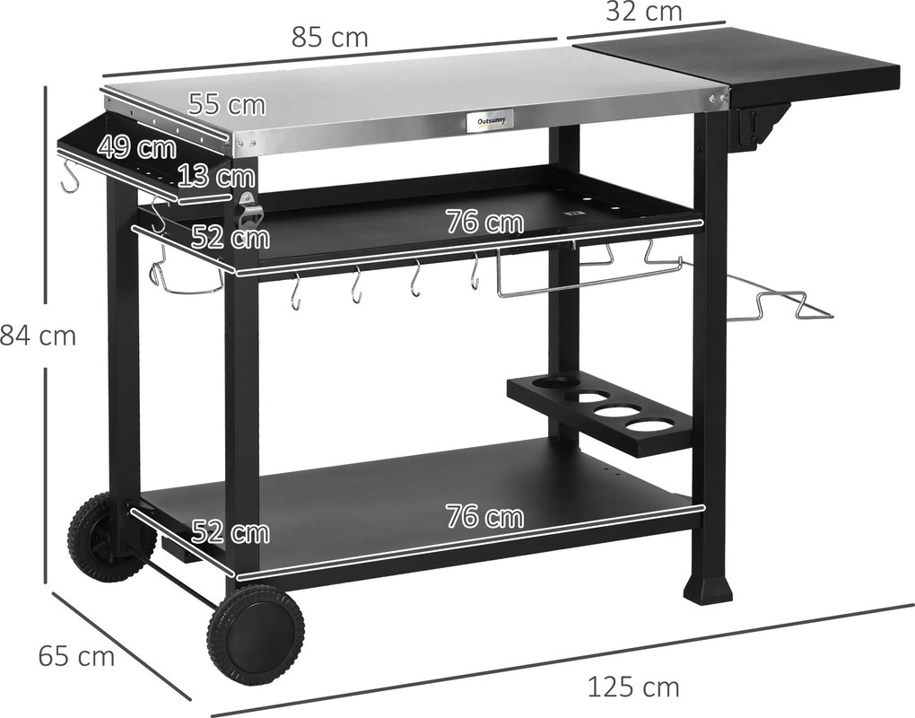 Grilovací stanice s grilovacím vozíkem, včetně příslušenství, 125 x 65 x 84 cm, černá + stříbrná