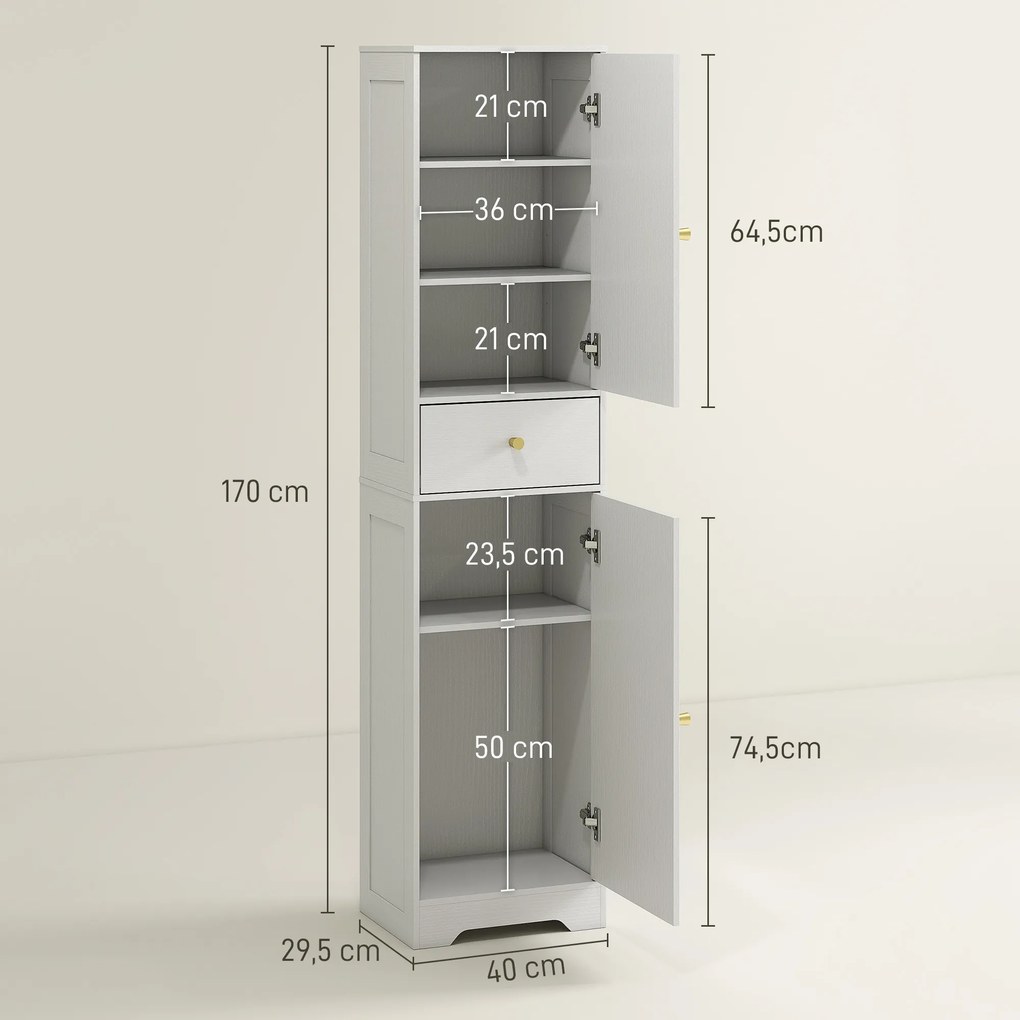 HOMCOM vysoká koupelnová skříň s 2 obloukovými dveřmi, zásuvkou a nastavitelnými policemi, moderní, 40x29,5x170 cm, bíle mořená