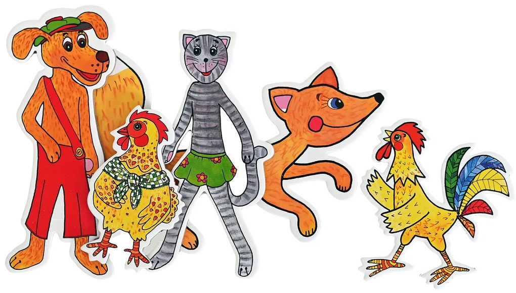 MARIONETINO Loutky pro děti - Pejsek, Kočička, Kohoutek, Slepička, Liška - 5 ks