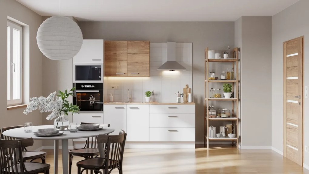 Kuchyňská linka Naturel 240 cm lesk bílá/dub se spotřebiči Electrolux EASYBLOK19EL