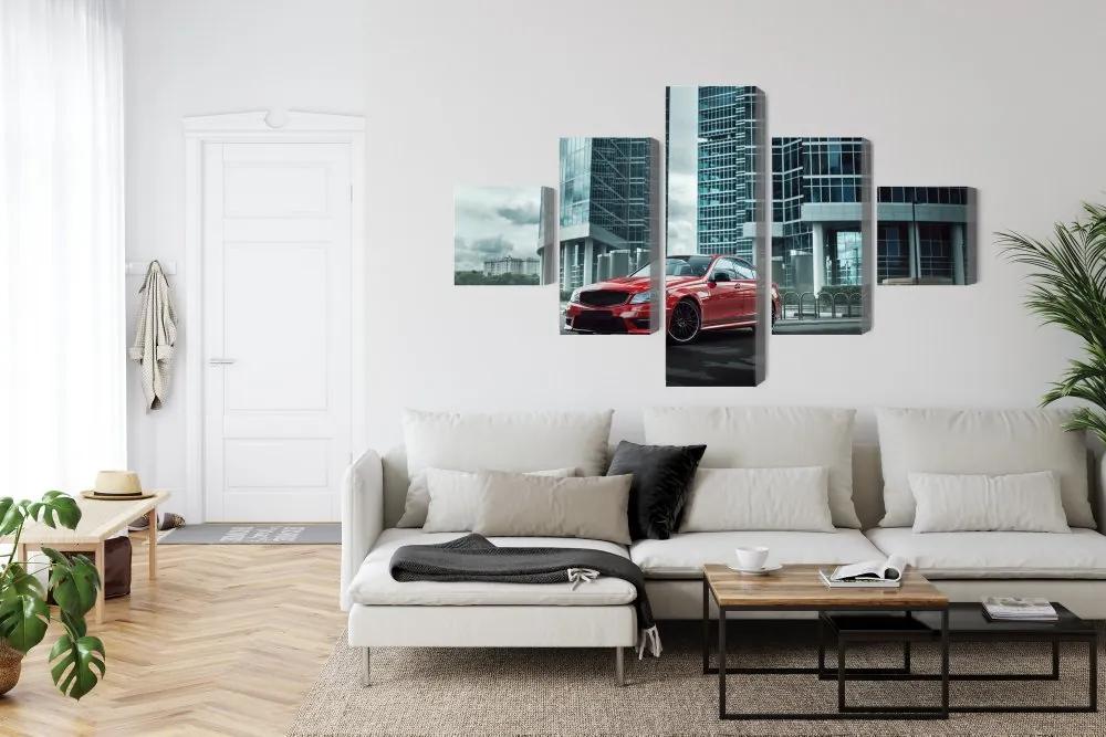 Vícedílný obraz Červené Auto Na Pozadí Moderních Mrakodrapů Nedostatek Nedostatek Plátno Canvas 150x90