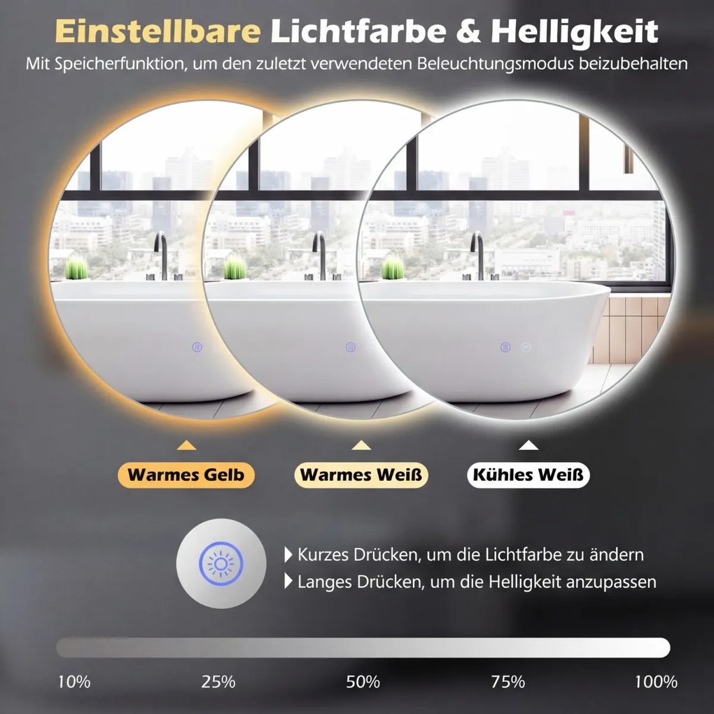 Costway Ø60 Kulaté LED osvětlené zrcadlo s nastavitelným jasem a chytrým