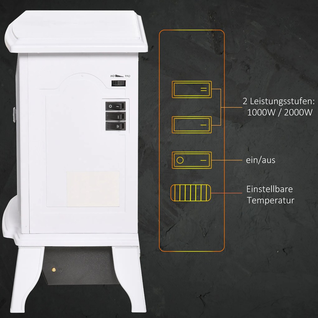 HOMCOM Volně stojící elektrický krb, plamenový efekt, 2 režimy vytápění 1000W/2000W, tvrzené sklo, bílá, 36,5x24x45,5 cm