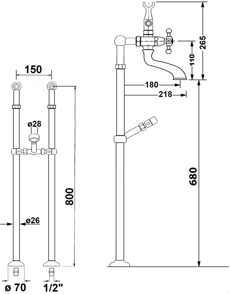 Reitano Rubinetteria ANTEA připojení pro instalaci vanové retro baterie do podlahy (pár), chrom 9841