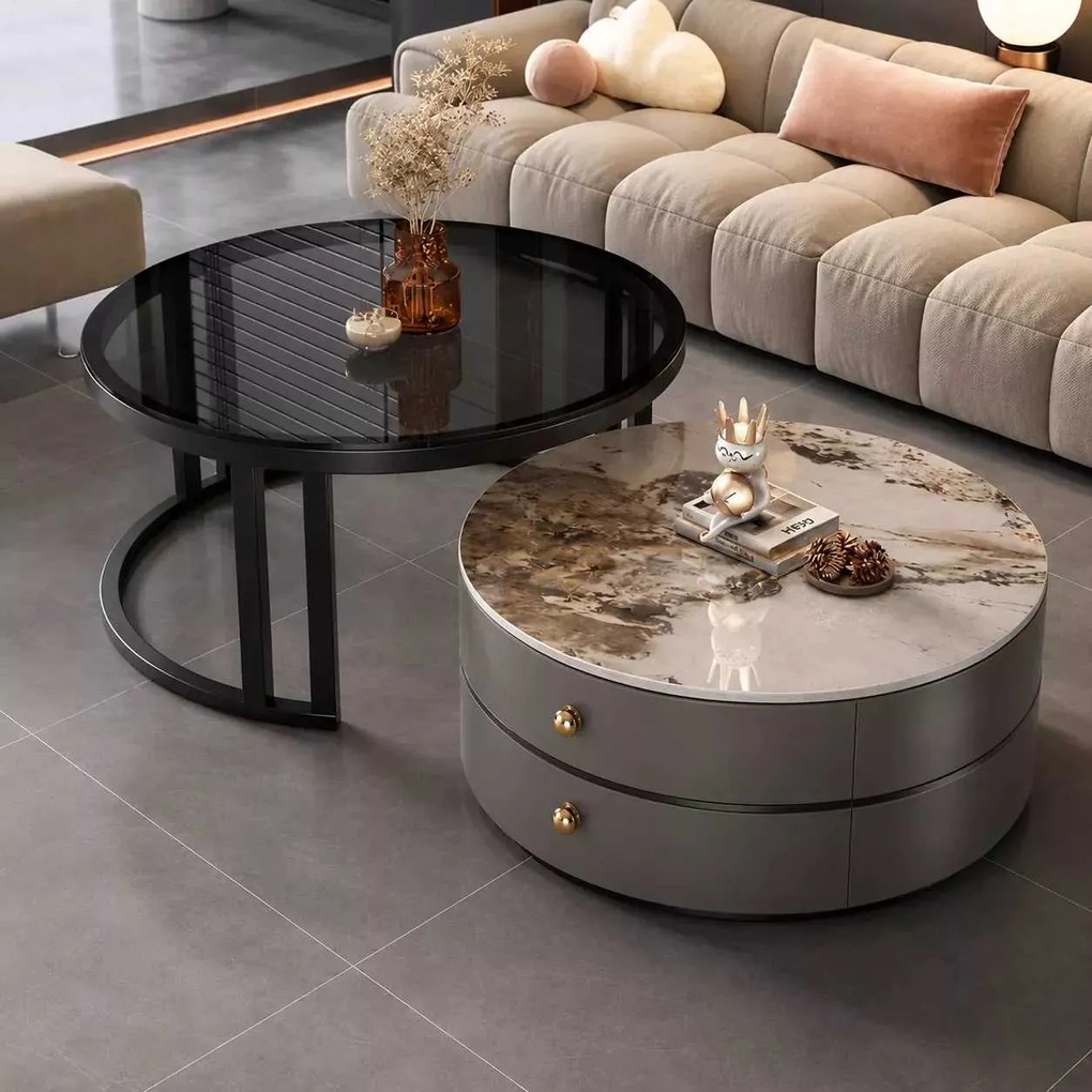 LuxuryForm DESIGN Konferenční stolek ORION 70 × 70 / 50 × 50 cm – šedý / béžový mramor + sklo (set 2 ks)