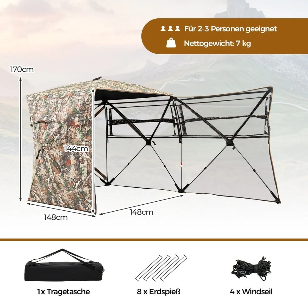 Costway Lovecký úkryt pro 2-3 osoby 360° průhledný myslivecký stan pro lov