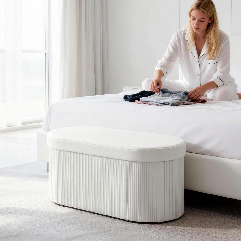 Skládací úložná lavice HOMCOM 76 × 38 × 35 cm – polstrovaný sedák se sametovým vzhledem, úložný taburet do obýváku, předsíně i ložnice, krémová