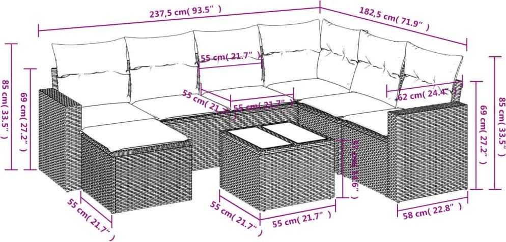 8dílná zahradní sedací souprava s poduškami černá polyratan 3251643