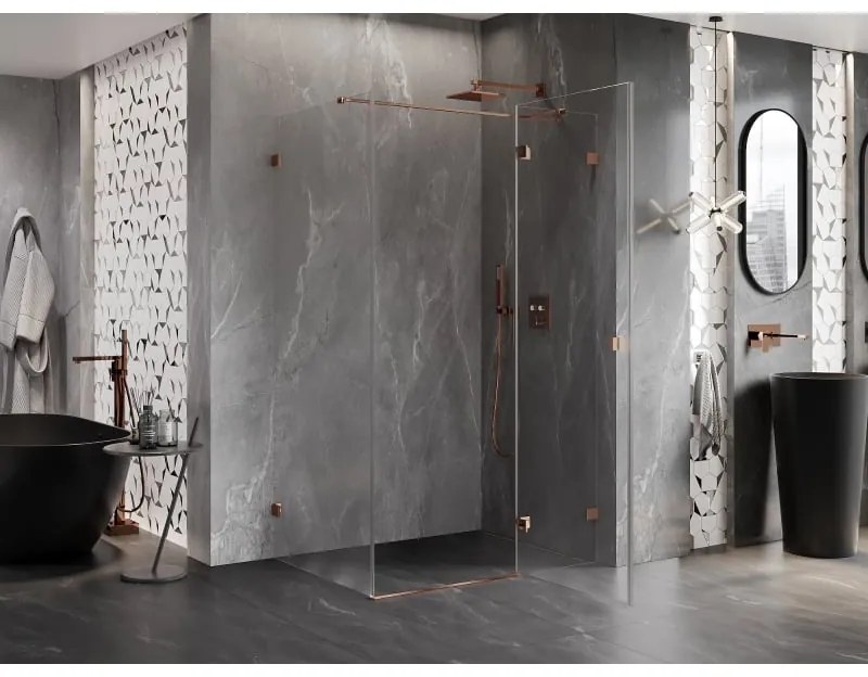 Mexen Lunar T, pravý výklopný sprchový kout 140 x 70 cm, 8mm čiré sklo, profil růžové zlato, 834T-140-070-60-00-P