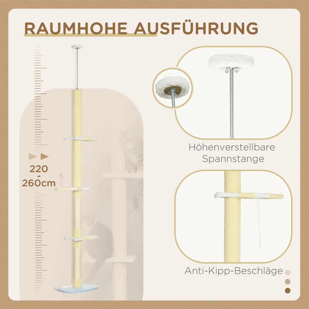 PawHut škrabadlo, kočičí škrabadlo stropní vysoké, 220-260 cm, šplhací strom s míčem na hraní, výškově nastavitelný kočičí strom, strom na hraní s oc…