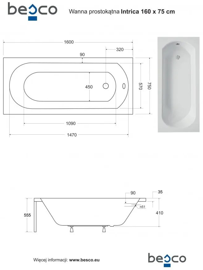 BESCO Obdélníková vana INTRICA Nožičky k vaně - Bez nožiček, Rozměr vany - 160 × 75 cm VANINTRICA160