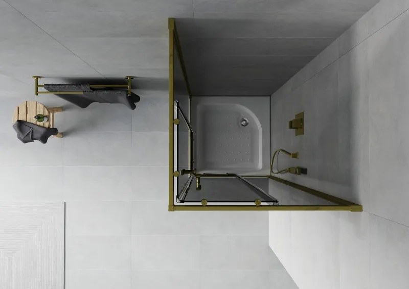 Mexen Rio, čtvercový sprchový kout s posuvnými dveřmi 70 (dveře) x 70 (dveře) x 190 cm, 5mm šedé sklo, zlatý profil + bílá sprchová vanička RIO, 860-070-070-50-40-4510