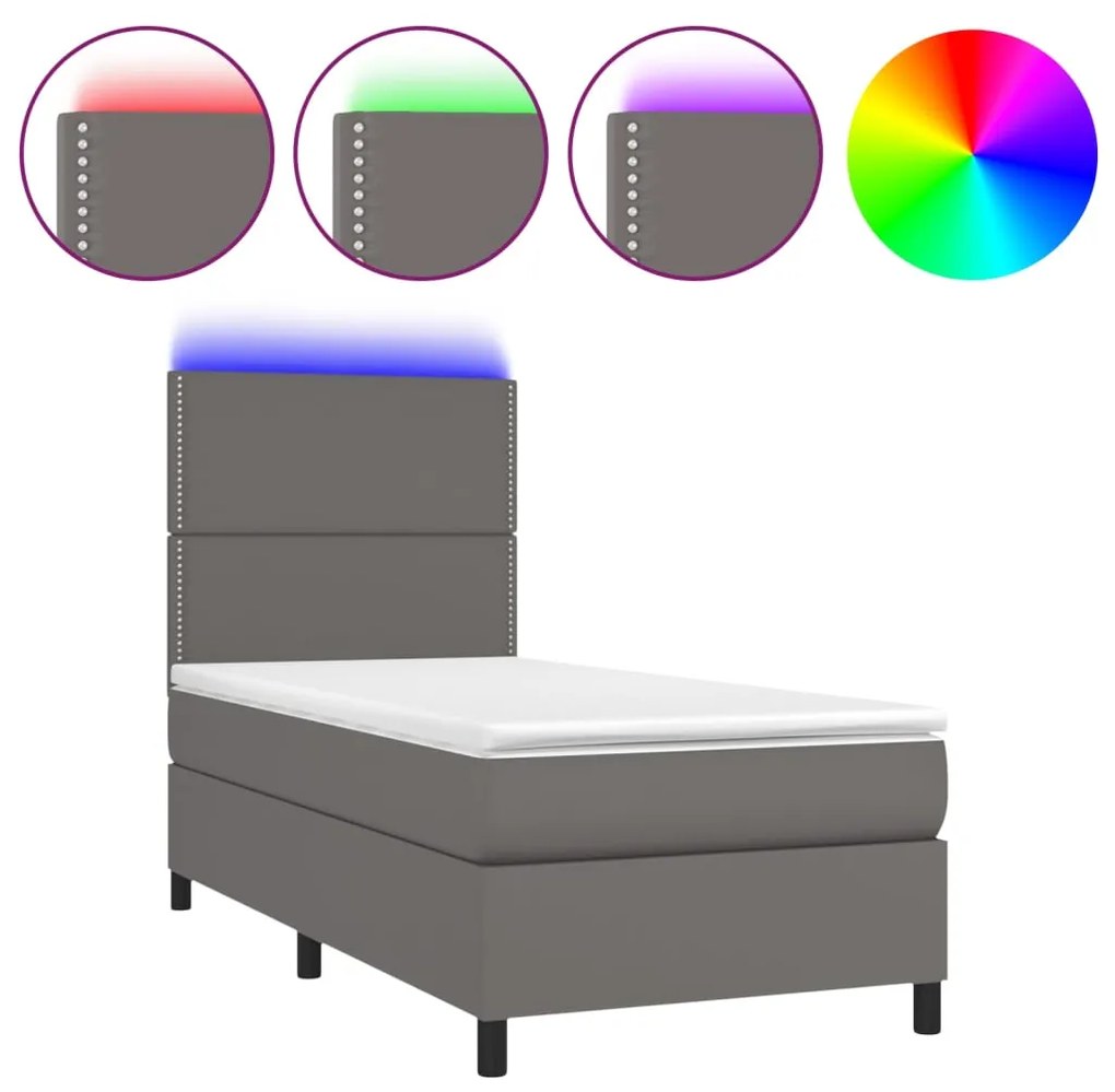 vidaXL Box spring postel s matrací a LED šedá 80 x 200 cm umělá kůže