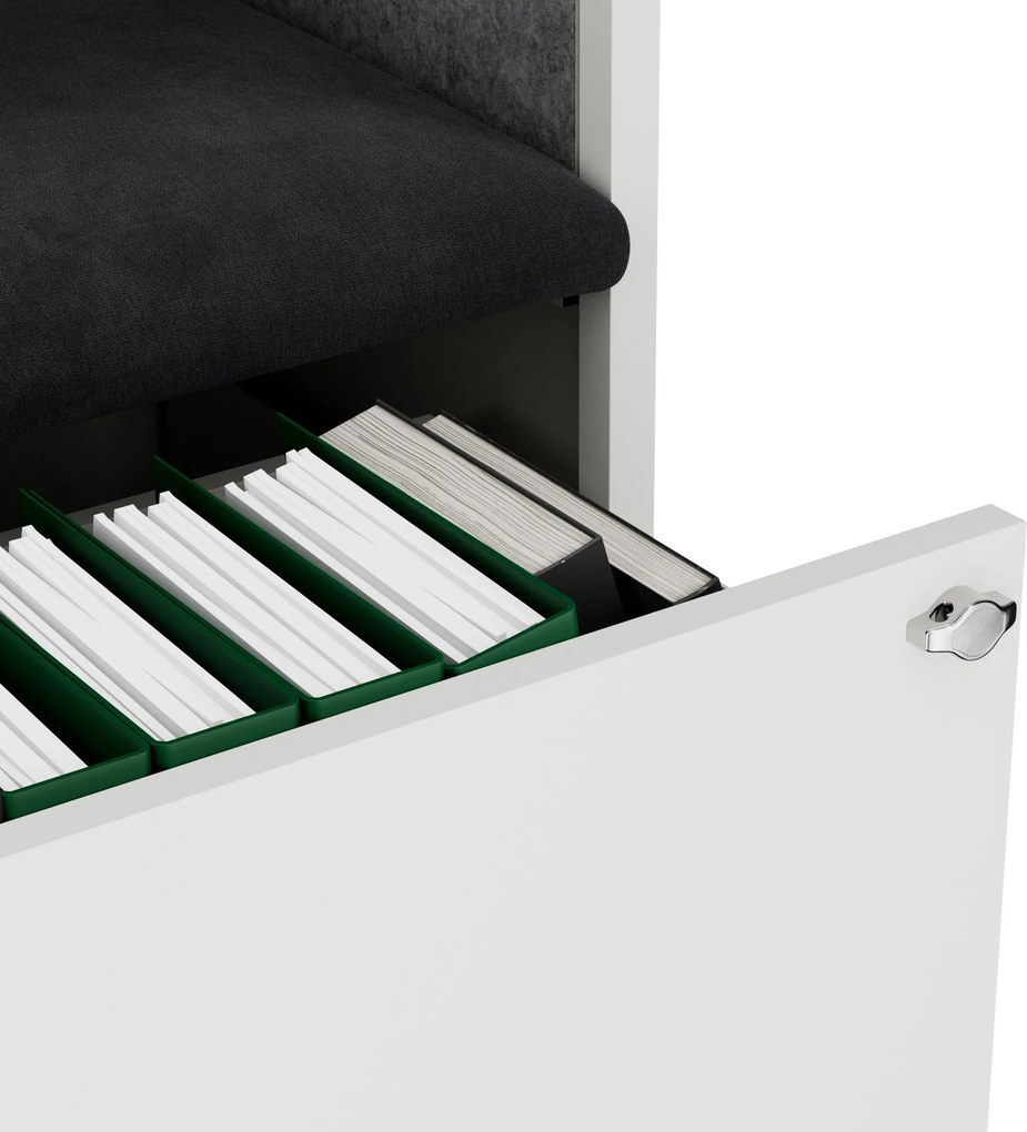Kancelářská akustická kabina se sedátkem a USB-C portem, korpus bílý / sedák tmavě šedá, 600 mm: SALLY MentalBox