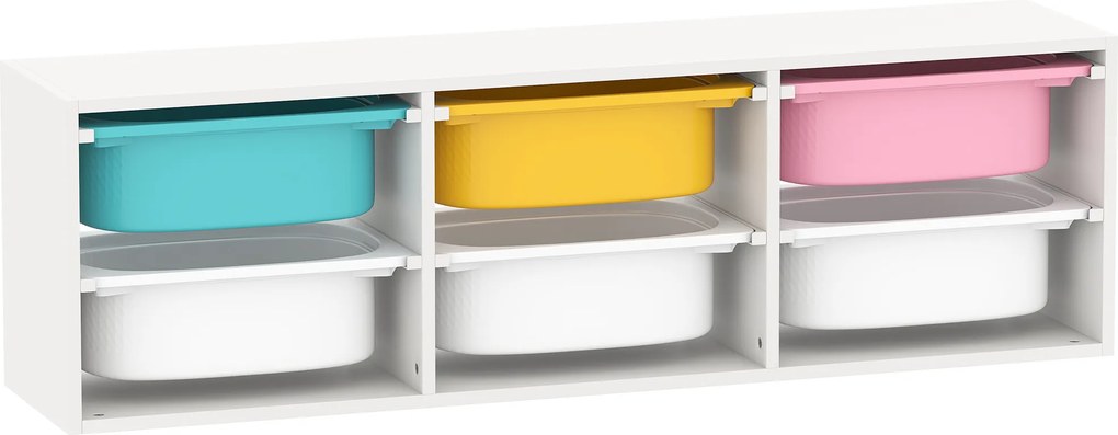 AIYAPLAY dětský úložný regál, 2 úrovně, úložný regál na hračky se 6 vyjímatelnými boxy, 97x21x29 cm, bílá