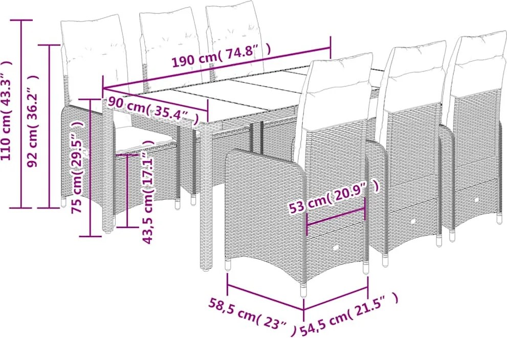 7dílný zahradní bistro set s poduškami černý polyratan 3276993
