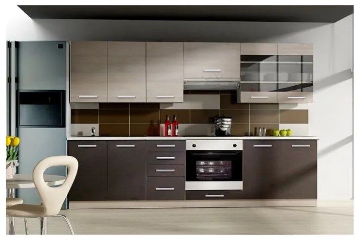 Nábytek Elegance Kuchyňská linka NOMIX 120/180cm = Dolní skříňky: 80cm dřezová, 40cm zásuvková. Horní skříňky: 80cm prosklená, 40cm dvířka, 60cm digestořová DTD Lamino