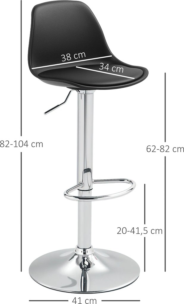 HOMCOM Sada Barových Stolů 2 kusy, Čalouněná Barová židle s Ocelovým Rámem, Výškově Nastavitelné Kuchyňské Židle s Podnožkou a 360° Otáčivými Stolky …